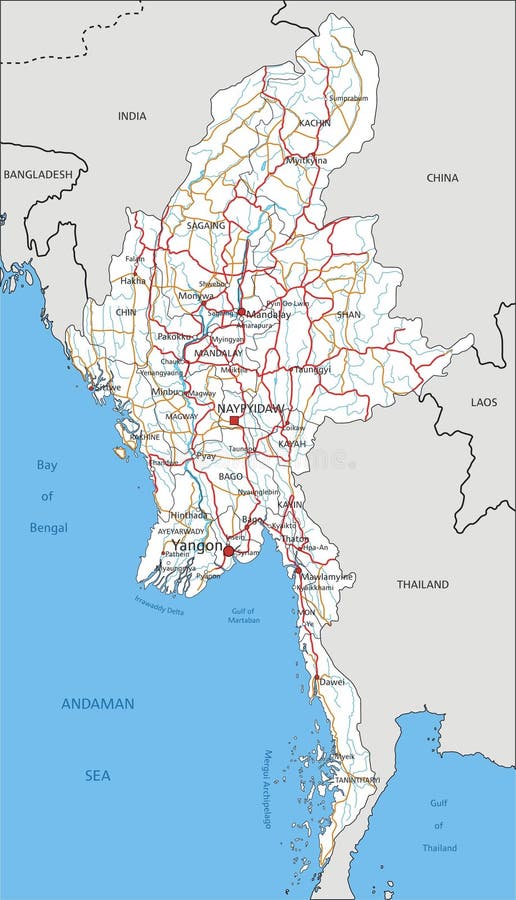 Detailed Myanmar Road Map with Labeling. Stock Vector - Illustration of ...