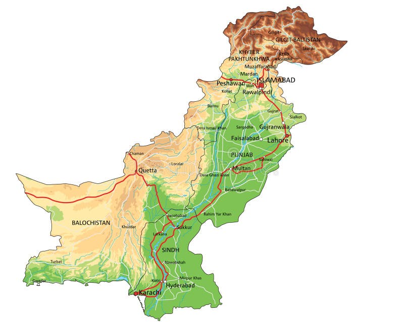 Detailed Pakistan Physical Map with Labeling. Stock Vector ...