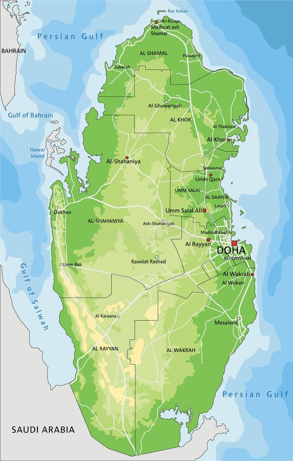 Detailed Qatar Physical Map with Labeling. Stock Vector - Illustration ...