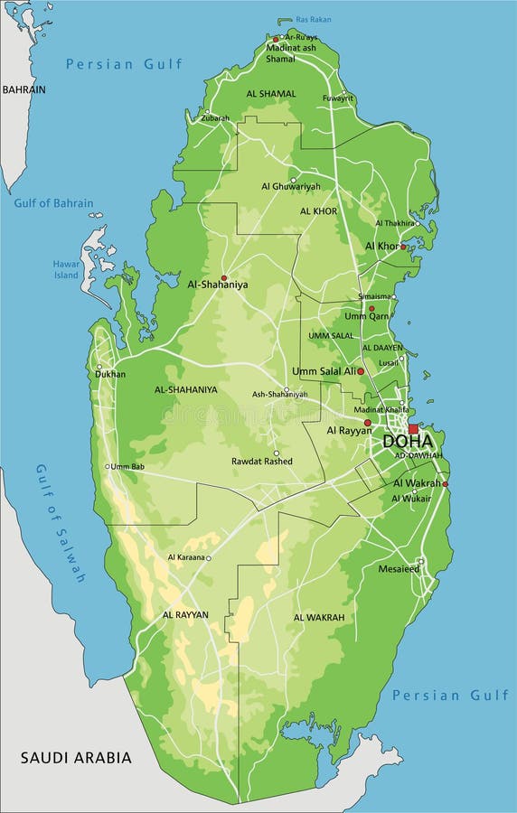 Detailed Qatar Physical Map with Labeling. Stock Vector - Illustration ...