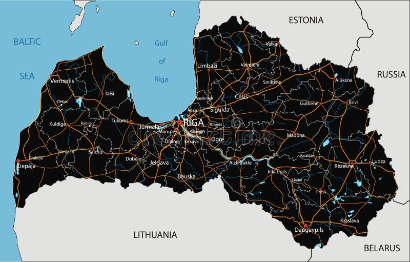 Detailed Latvia Road Map with Labeling. Stock Vector - Illustration of ...