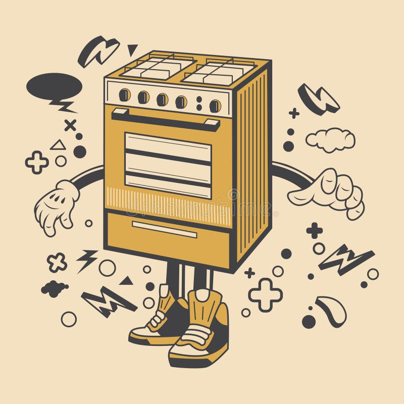 Retro Freestanding Cooker Cartoon Character Vector Illustration Gas ...