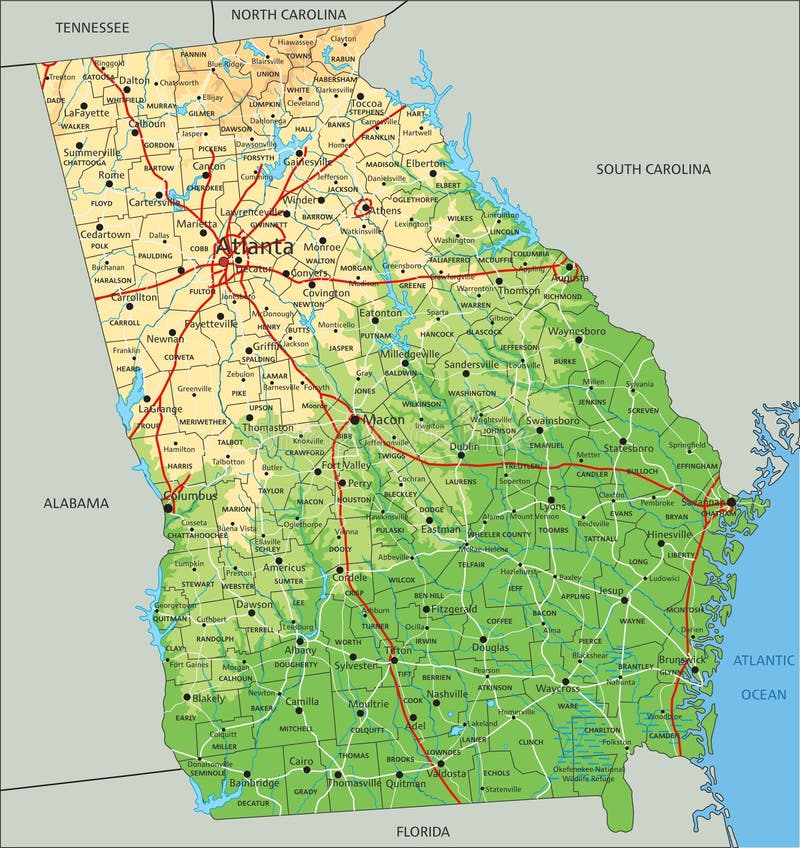 Detailed Georgia Physical Map with Labeling. Stock Vector ...