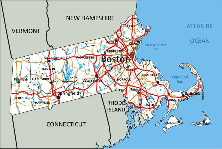Detailed Massachusetts Road Map with Labeling. Stock Vector ...