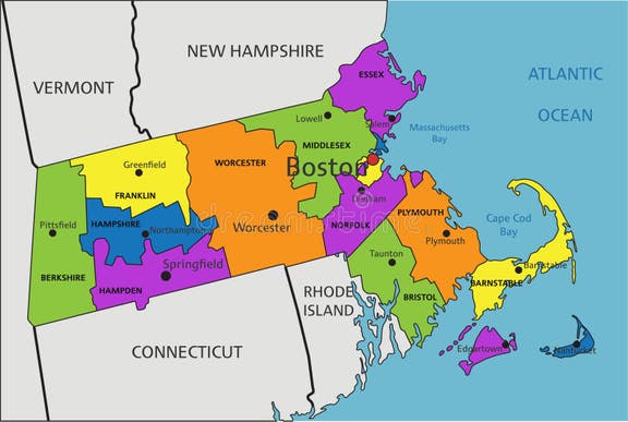 Colorful Massachusetts Political Map with Clearly Labeled, Separated ...