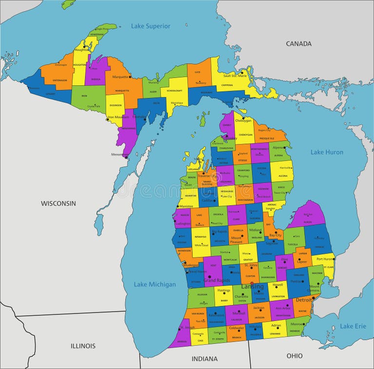 Colorful Michigan Political Map with Clearly Labeled, Separated Layers ...