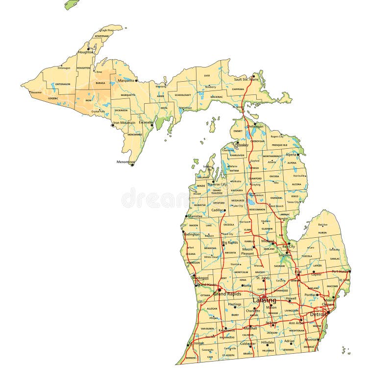 Detailed Michigan Physical Map with Labeling. Stock Vector ...