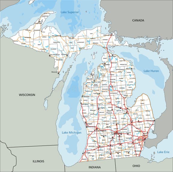Detailed Michigan Road Map with Labeling. Stock Vector - Illustration ...