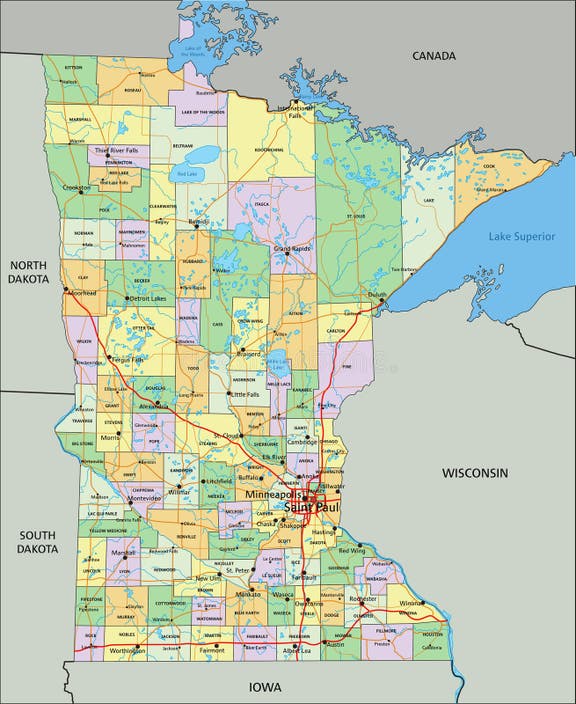 Minnesota - Detailed Editable Political Map with Labeling. Stock Vector ...
