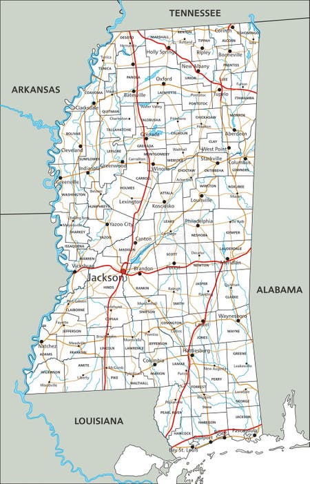 Detailed Mississippi Road Map with Labeling. Stock Vector ...