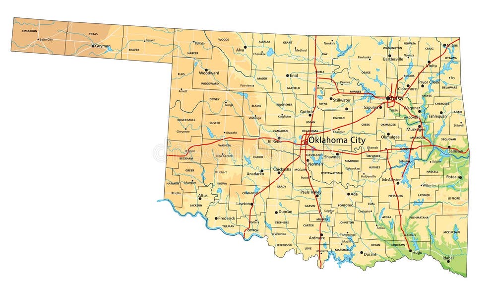 Detailed Oklahoma Physical Map with Labeling. Stock Vector ...