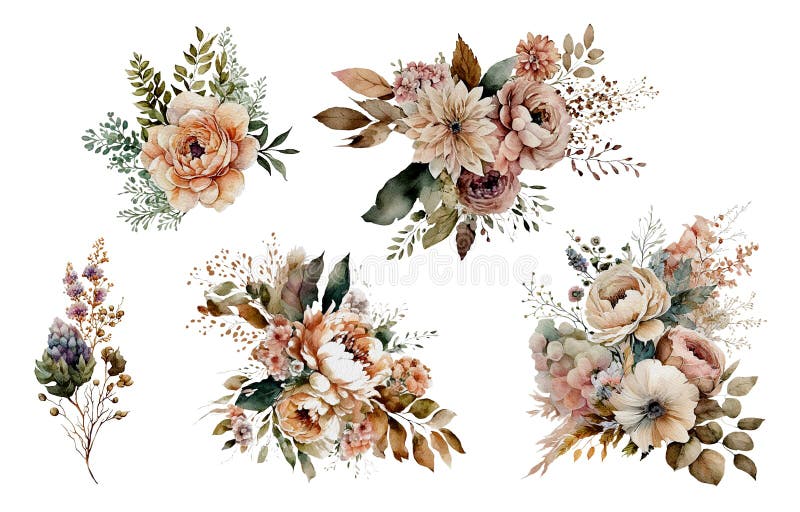 Fall Boho Blossom Floral Clipart Set of Bouquets for Wedding ...