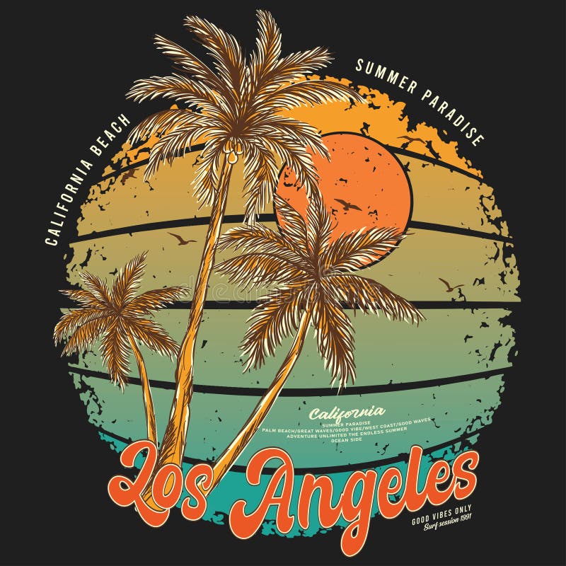 Good Vibes Summer Vector Palm Tree, Sunset, Sunrise, Surfboard. Stock ...