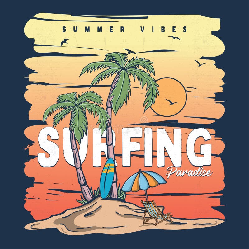Surfing at Beach. Summer Vibes Tropical Graphic Print Design Stock ...