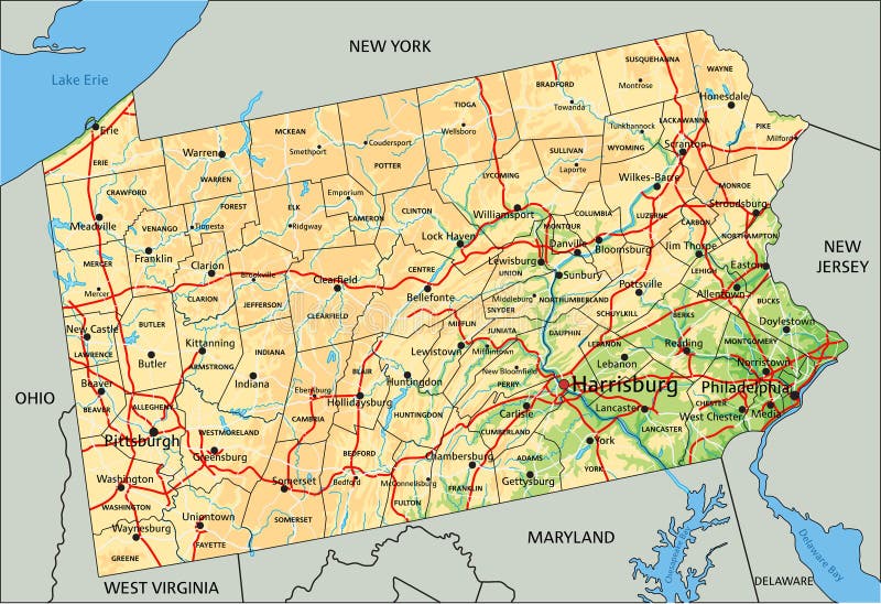 Detailed Pennsylvania Physical Map Labeling Stock Illustrations – 3 ...