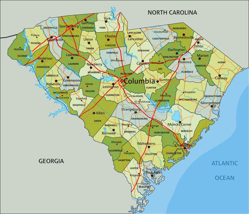 Detailed Editable Political Map with Separated Layers. South Carolina ...