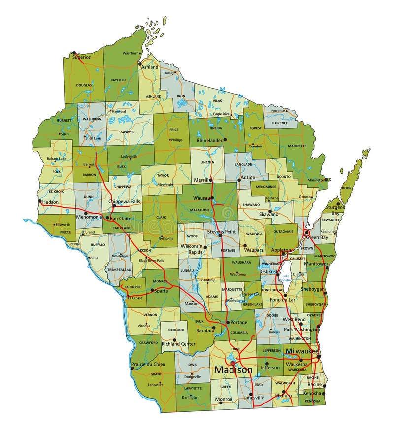 Detailed Editable Political Map with Separated Layers. Wisconsin Stock ...