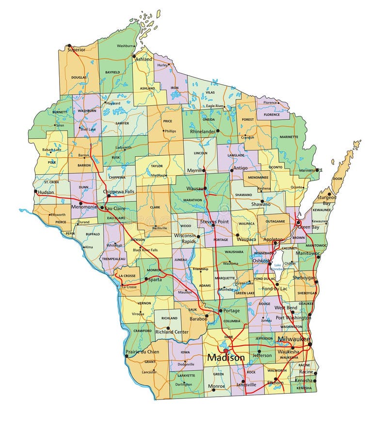 Wisconsin - Detailed Editable Political Map with Labeling. Stock Vector ...