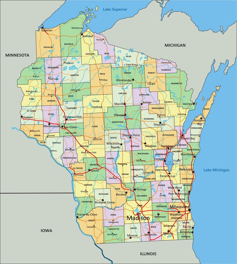Wisconsin - Detailed Editable Political Map with Labeling. Stock Vector ...