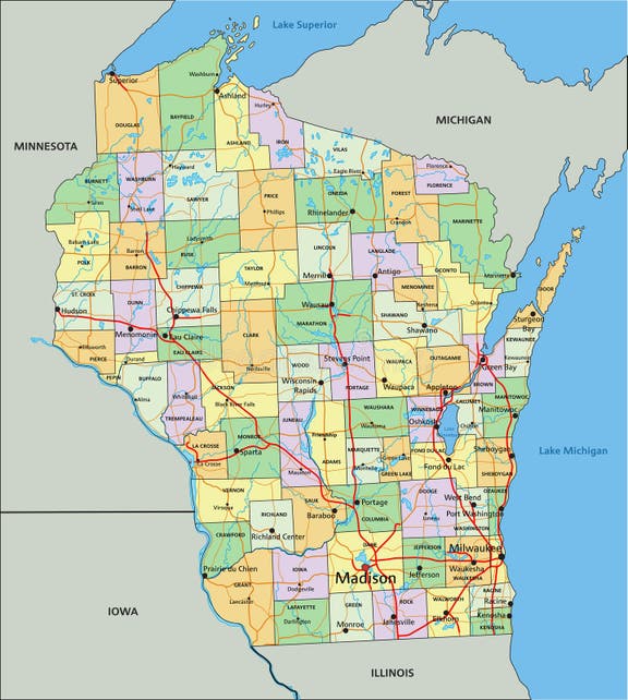 Wisconsin - Detailed Editable Political Map with Labeling. Stock Vector ...