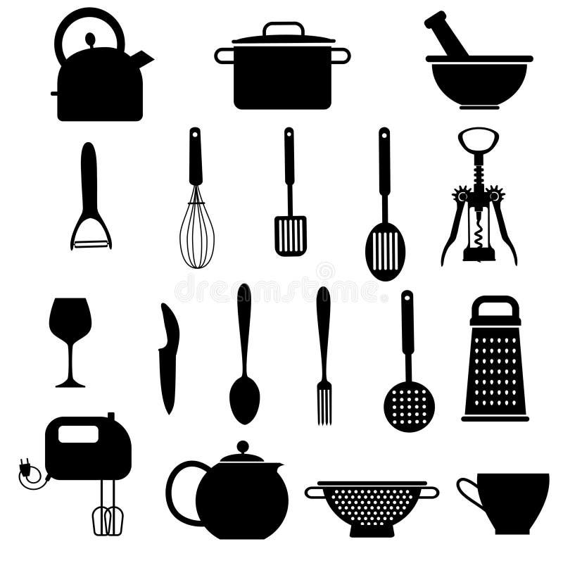 Set of Different Kitchen Elements Silhouette Vector Illustration Stock ...