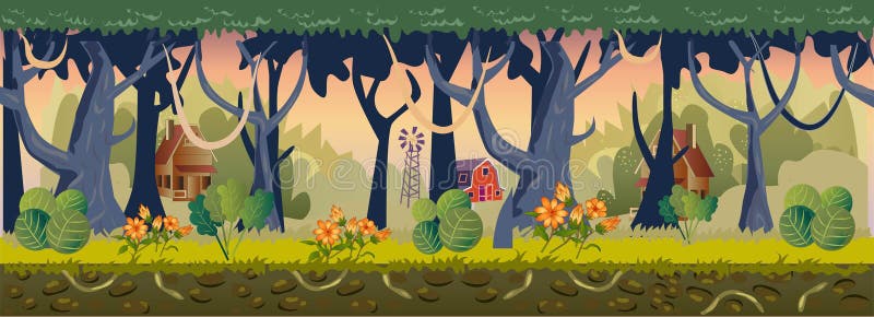 Forest Village Kandscape Game Background and Vector Illustration Stock ...