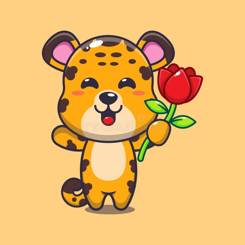 Leopard Holding Rose Flower Cartoon Vector Illustration. Stock Vector ...