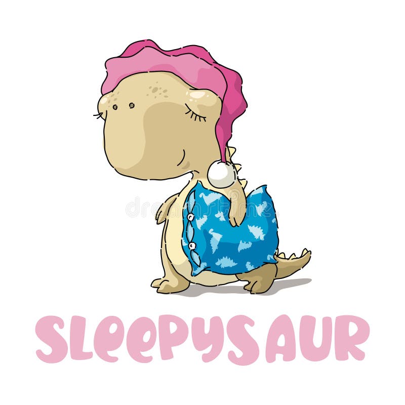 Cute Little Sleepyhead Dinosaur with Blue Pillow Stock Vector - Illustration of cute, dino ...