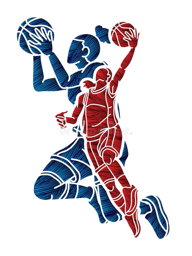 Basketball Female Players Mix Action Cartoon Sport Team Graphic Stock ...