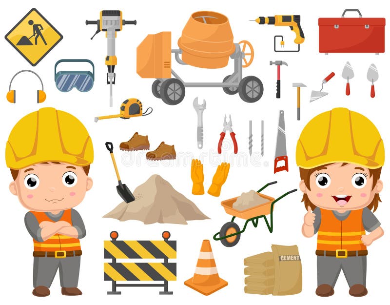 Cute Little Builder Kids with Construction Tools Stock Vector ...