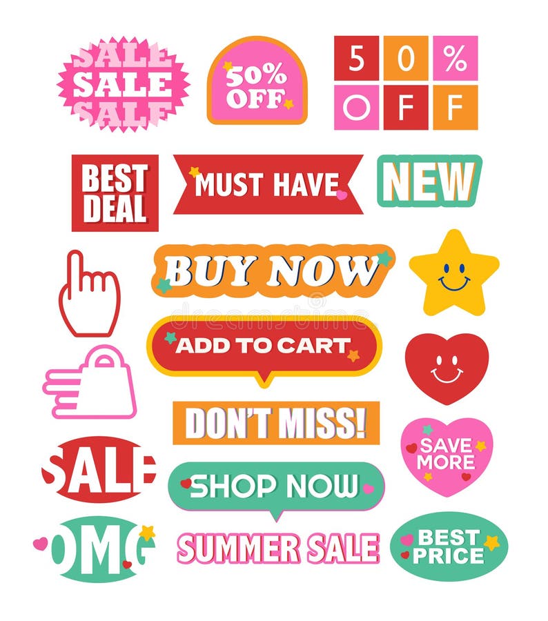 Cute Sale Icon Set Such As Must Have, Best Deal, New, Buy Now, Add To ...