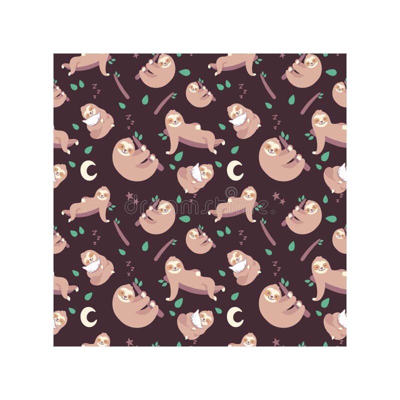 Seamless Pattern Cute Brown Sloth on Brown Dark Background Design Stock ...