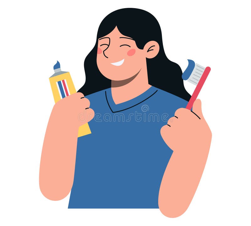 Smiling Woman with a Toothbrush and Toothpaste in Her Hands. Flat ...