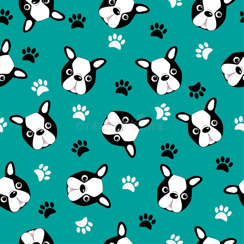 Boston Terrier Puppy Head with Paw Prints Cartoon Seamless Pattern ...