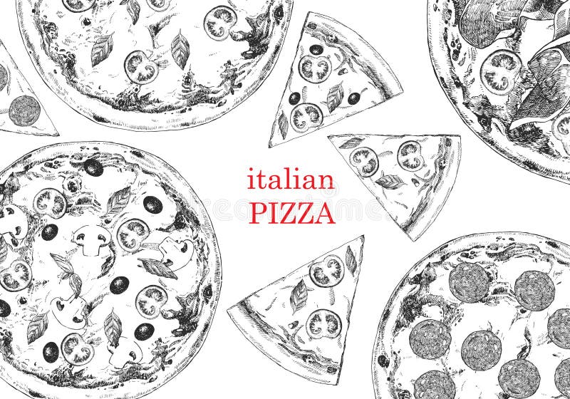 Traditional Italian Dishes. Hand-drawn Illustration of Pizza. Italian ...