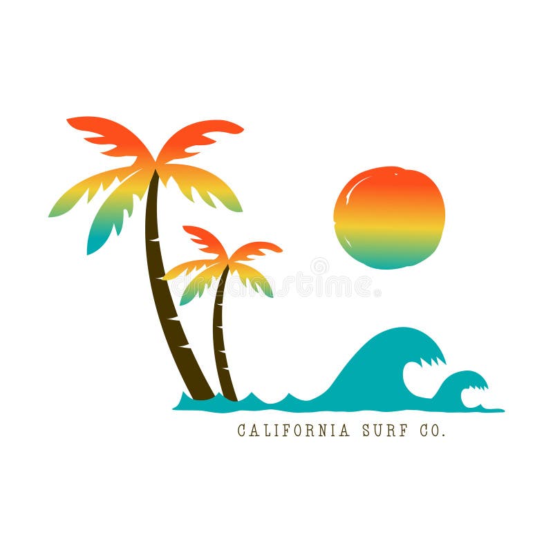 California Surf Co., Palm Tree Wave, and Sun Gradient Stock Vector ...
