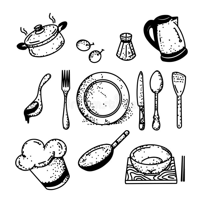 Doodle Kitchen Tools Line Art Element Clipart Illustration Vector Stock ...