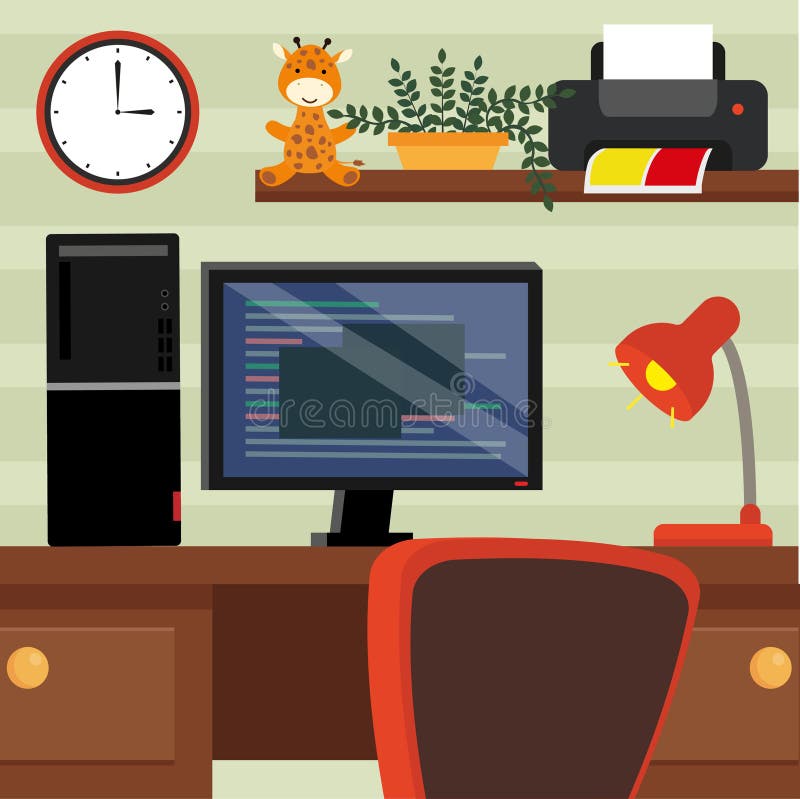 Workplace with Computer, Lamp and Clock. Flat Design. Stock Vector ...