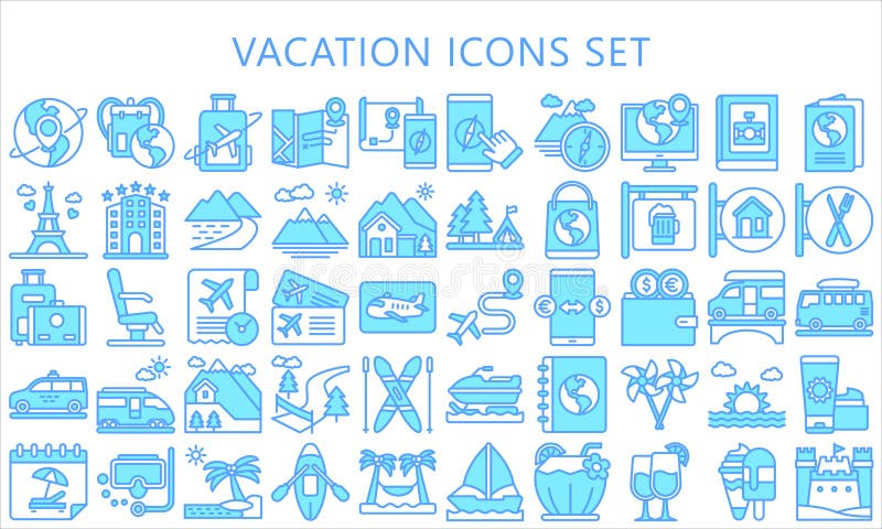 Vacation and Travel Blue Color Icons Pack Stock Vector - Illustration ...