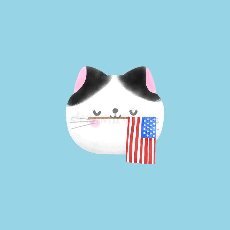 Happy 4th of July Cute Cat Head Watercolor Vector Illustration, Stock ...