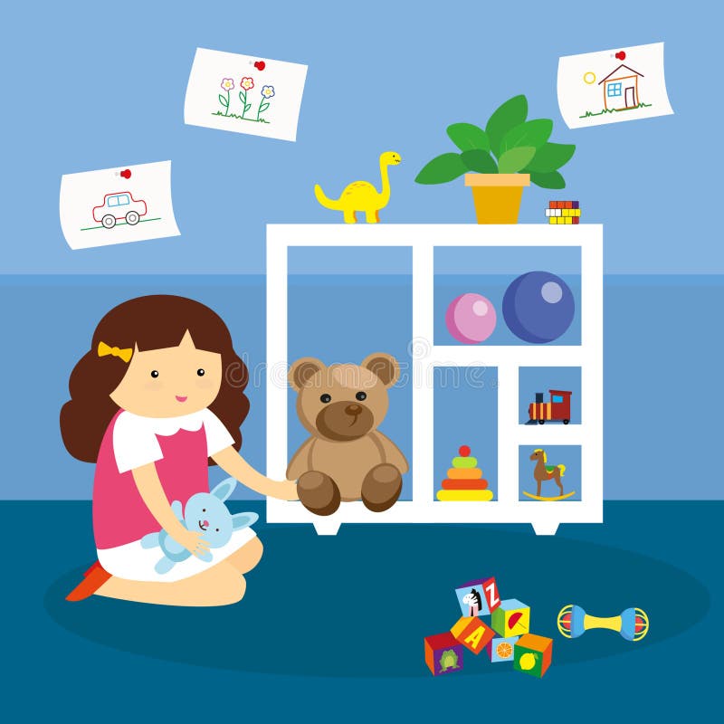 Cute Little Girl Playing with Toys at Home. Stock Vector - Illustration ...