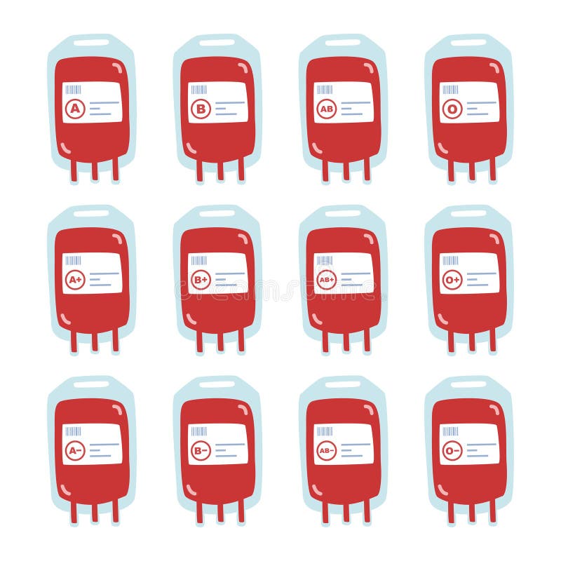 Blood Types Clipart Cartoon Style. Blood Bags with Different Blood ...
