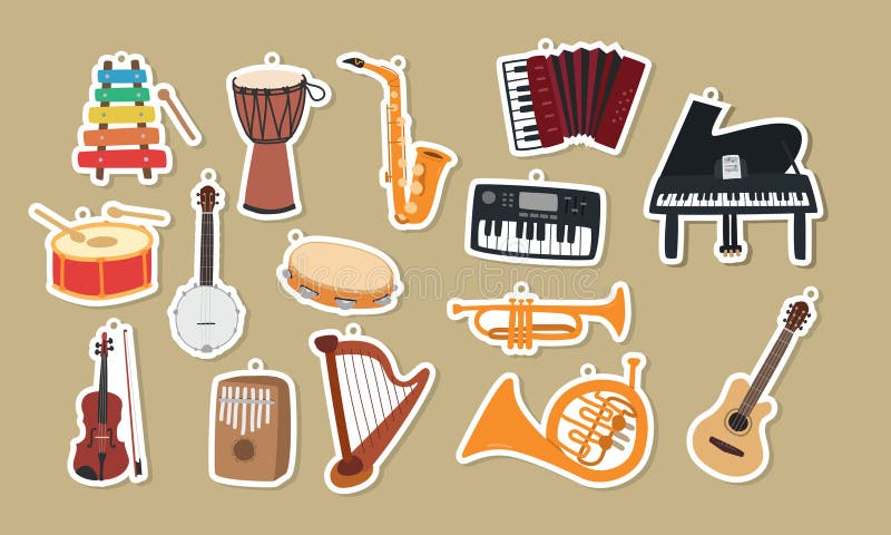Musical Instruments Clipart Cartoon Stickers Set. Xylophone, Saxophone ...