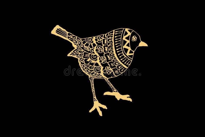 Zentangle Art for Little Sparrow with Gold Color Isolated on Dark Black ...