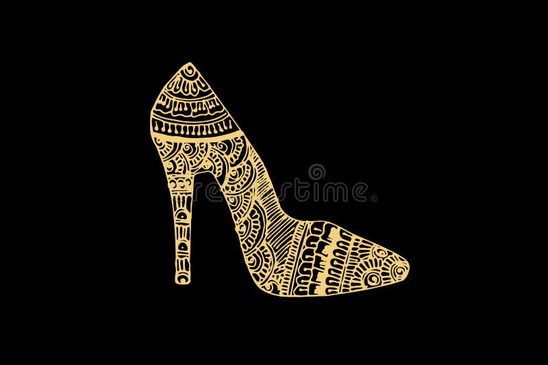 Zentangle Art for Woman Dress with Gold Color Isolated on Dark Black ...