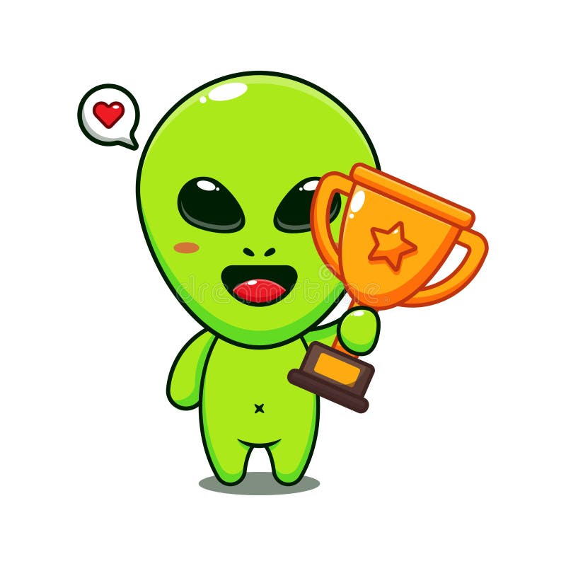 Cute Alien Holding Gold Trophy Cup Cartoon Vector Illustration. Stock ...