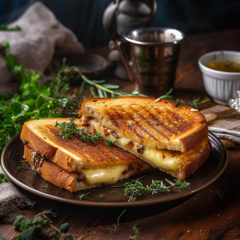Grilled Toast with Cheese and Herbs on a Wooden Background Stock ...