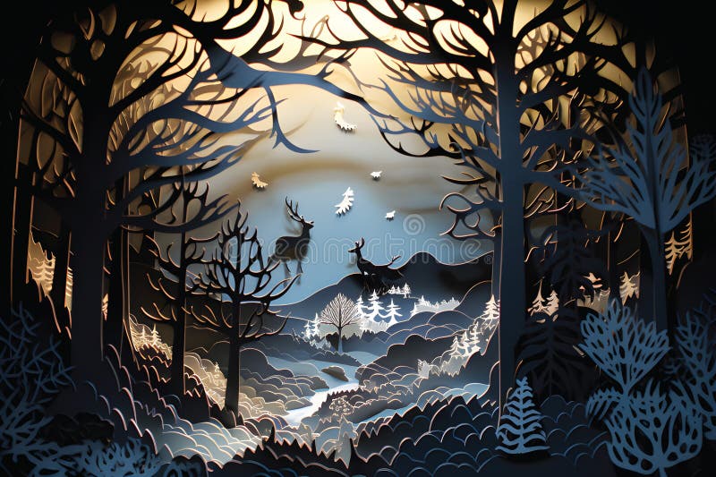 Forest with Folded Paper Cut Layers.GenerativeAI. Stock Illustration ...