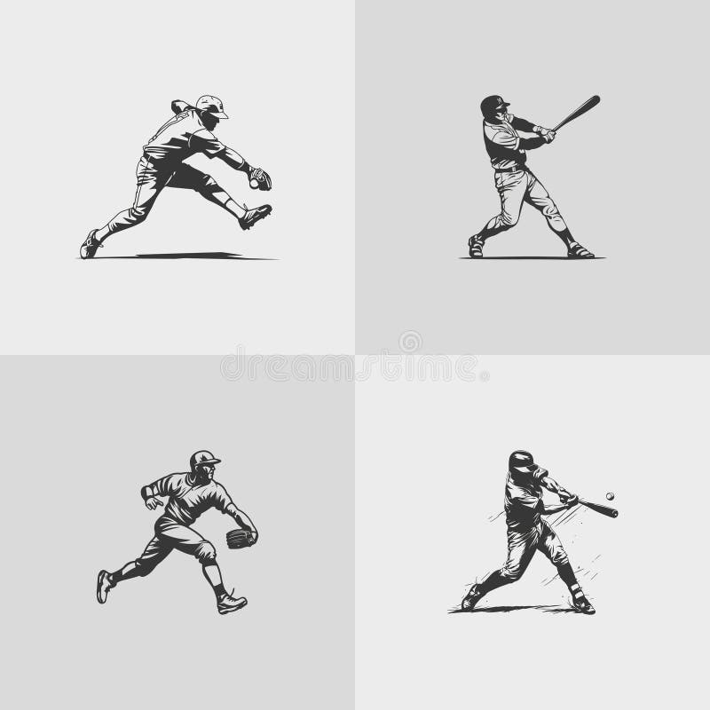 Baseball Player Silhouette Softball Sports Game Vector Set Design Stock ...