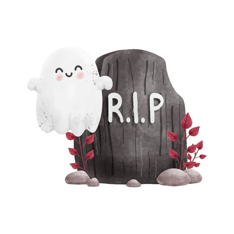 Gravestone Rip with Cute Ghost Halloween Rip Watercolor Vector ...